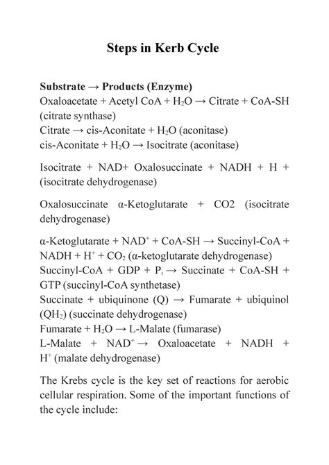 Steps In Kerb Cycle Steps In Kerb Cycle Substrate Products Enzyme Oxaloacetate Acetyl