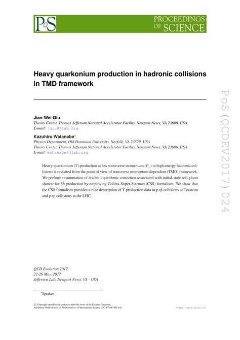 Pdf Heavy Quarkonium Production In Hadronic Collisions In Tmd Framework