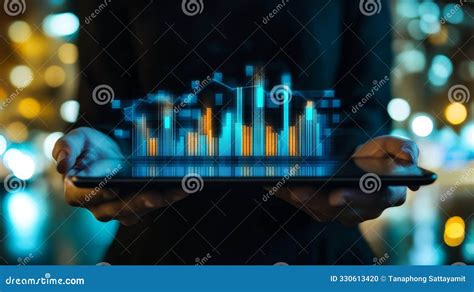 A Person Holds A Tablet With A Glowing Graph Visualizing Success Progress Data Analysis And