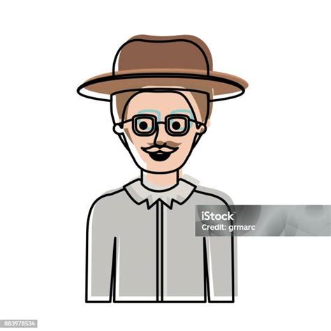 모자와 안경 짧은 머리와 콧수염 수채화 실루엣에서 셔츠와 맨 반 바디 경영자에 대한 스톡 벡터 아트 및 기타 이미지 경영자
