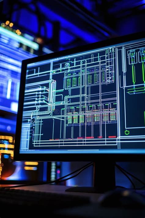 Cad Software Illustrating An Electrical Power Grid Control Center Design Displayed On A Desktop