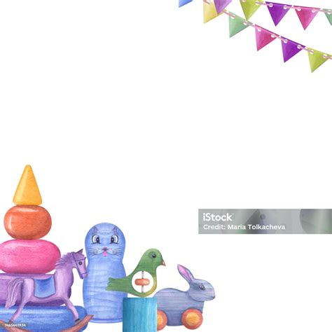 흰색 배경에 격리된 깃발이 있는 아이 나무 장난감이 있는 수채화 그림 보육원 어린이 방 장식 친환경 소재 어린이 장난감 인쇄 포스터 배경 엽서 0명에 대한 스톡 벡터 아트