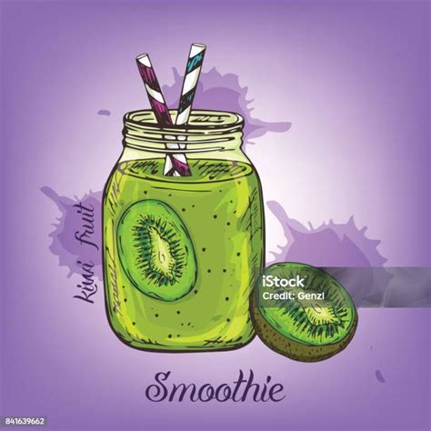 빨 대와 유리 병에 키 위 스무디의 벡터 밑그림 배경에 절연 선 손으로 그려진된 과일 음료입니다 건강한 식생활에 대한 스톡 벡터