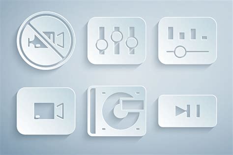 비닐 디스크 음악 이퀄라이저 비디오 버튼 재생 일시 정지 사운드 믹서 컨트롤러 및 금지 녹음 아이콘으로 비닐 플레이어를