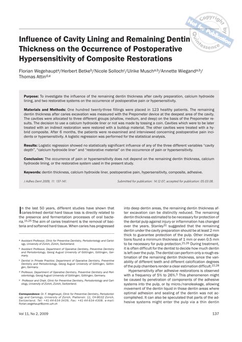 Pdf Influence Of Cavity Lining And Remaining Dentin Thickness On The Occurrence Of