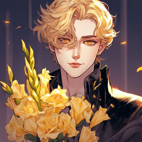 😐a Handsome Guy Golden Hairportraitbouquet Of Yellow Orange