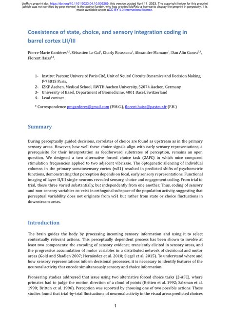 Pdf Coexistence Of State Choice And Sensory Integration Coding In