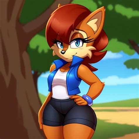 Anthro Sally Sally Acorn Wearing Blue Vest Wearing Black Curved