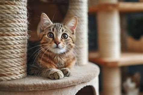 Cat Sitting On Top Of A Scratching Post Premium Ai Generated Image