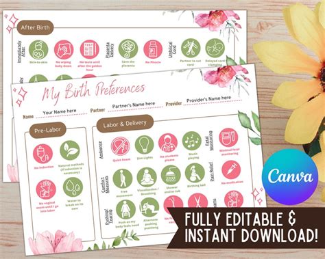 Visual Birth Plan Natural Birth Plan Birth Preference Birth Plan