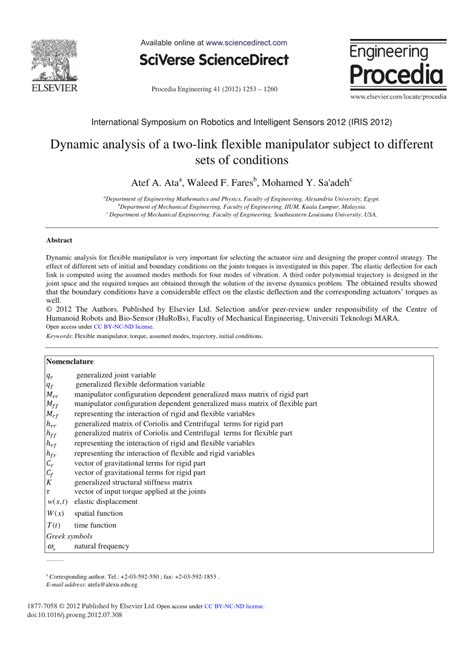 pdf dynamic analysis of a two link flexible manipulator subject to