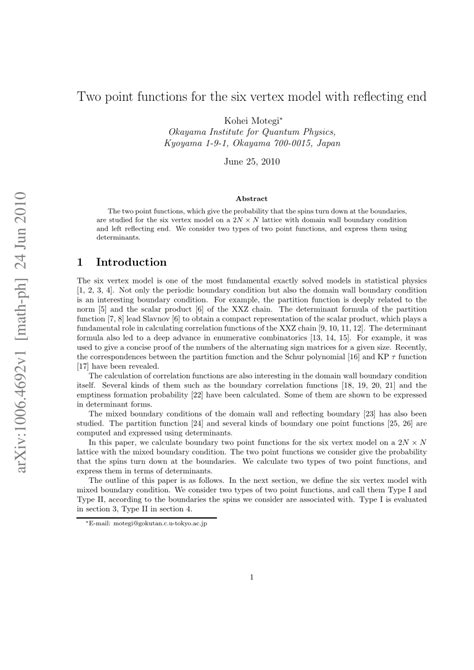 Pdf Two Point Functions For The Six Vertex Model With Reflecting End