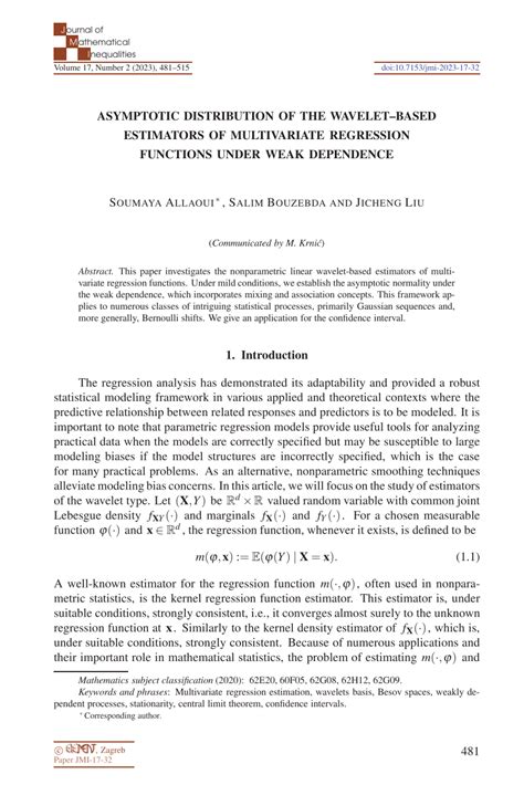 Pdf Asymptotic Distribution Of The Wavelet Based Estimators Of Multivariate Regression