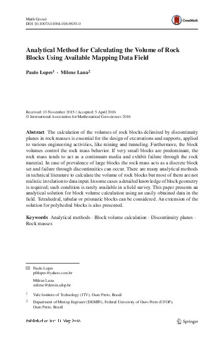 Pdf Analytical Method For Calculating The Volume Of Rock Blocks Using Available Mapping Data Field