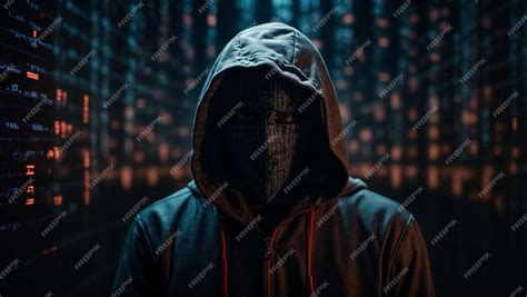 Premium Photo Portrait Of Anonymous Hacker In Hoodie Against Complex Binary Code Background