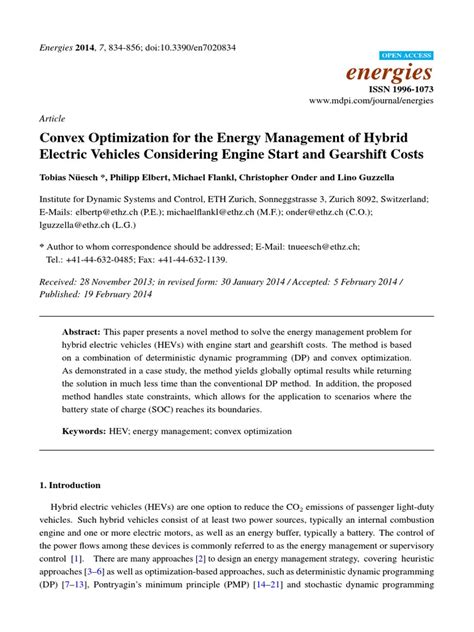 Pdf Convex Optimization For The Energy Management Of Hybrid Electric Vehicles Considering