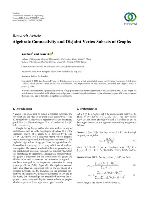 Pdf Algebraic Connectivity And Disjoint Vertex Subsets Of Graphs