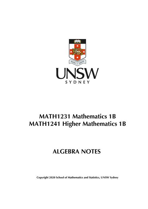 Algebra Exercise Answers Math1231 Mathematics 1b Math1241 Higher Mathematics 1b Algebra Notes