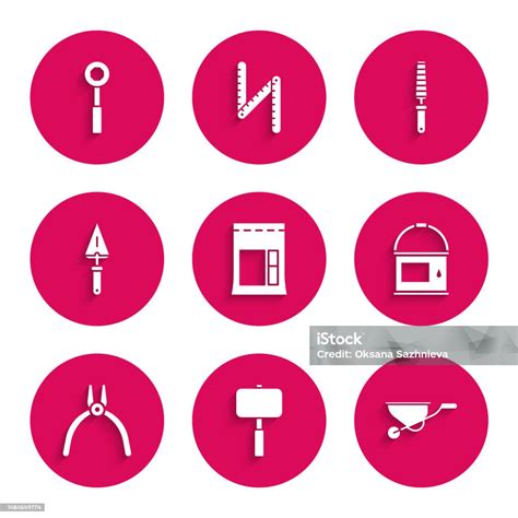 시멘트 가방 큰 망치 수레 페인트 양동이 펜치 도구 흙손 나무 끌 및 렌치 스패너 아이콘을 설정합니다 벡터 갈고리 발톱에 대한 스톡 벡터 아트 및 기타 이미지 Istock