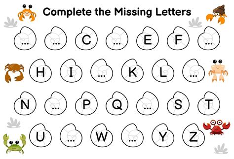 귀여운 만화 게 그림 인쇄 가능한 수중 워크시트로 빠진 글자를 완성하기 위한 교육 게임 프리미엄 벡터