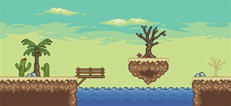 Pixel Art Desert Game Scene With Pyramid Palm Tree Cactuses Bridge