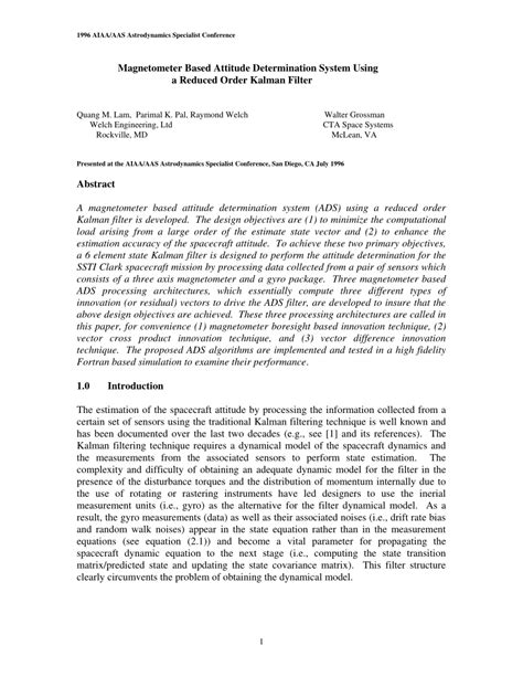 Pdf Magnetometer Based Attitude Determination System Using A Reduced Order Kalman Filter