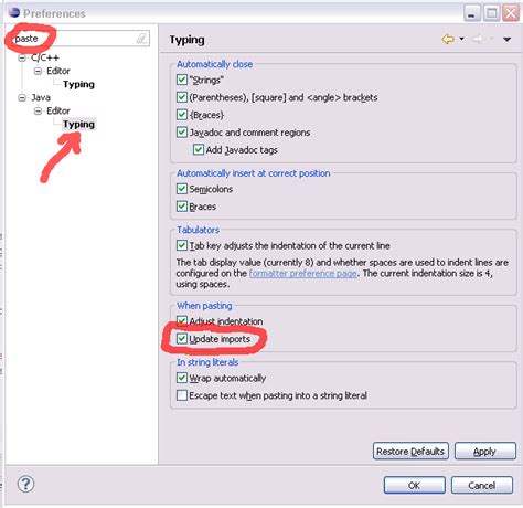 Java Prevent Eclipse From Auto Import Packages When Copying Source