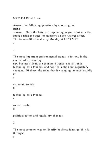 Mkt 431 Final Examanswer The Following Questions By Choosing Thedocx