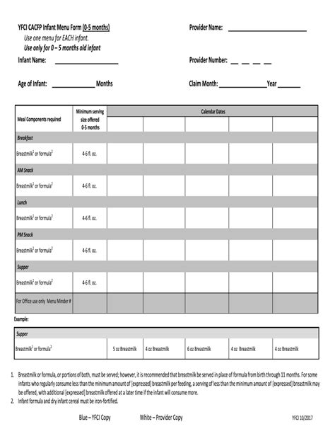 Yfci Cacfp Infant Menu Form 0 5 Months Fill Out And Sign Printable