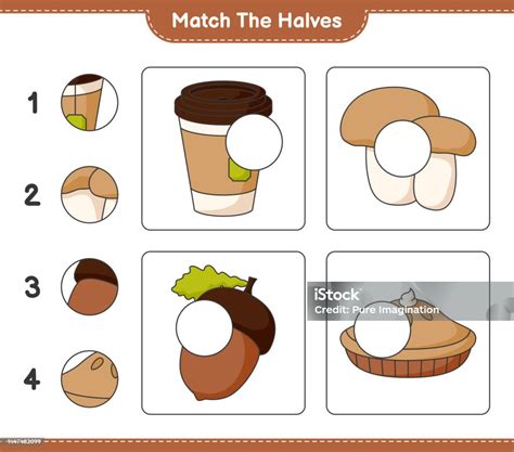 반쪽을 일치시킵니다 도토리 찻잔 파이 버섯 Boletus의 절반을 일치시킵니다 교육 어린이 게임 인쇄 워크시트 벡터 일러스트 레이 션 0명에 대한 스톡 벡터 아트 및 기타