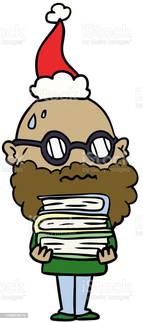 산타 모자를 쓰고 수염과 책 더미를 가진 걱정스러운 남자의 손으로 그린 선 그림 걱정하는에 대한 스톡 벡터 아트 및 기타 이미지 걱정하는 귀여운 낙서 드로잉 Istock