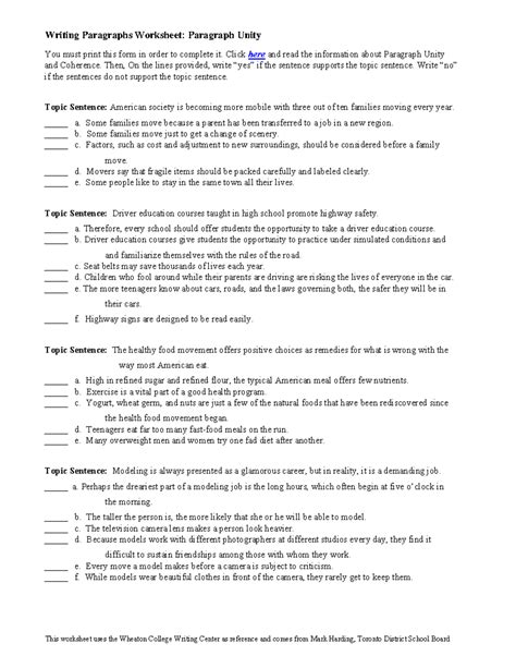 Unity And Coherence Worksheet Je Writing Paragraphs Worksheet Paragraph Unity You Must Print