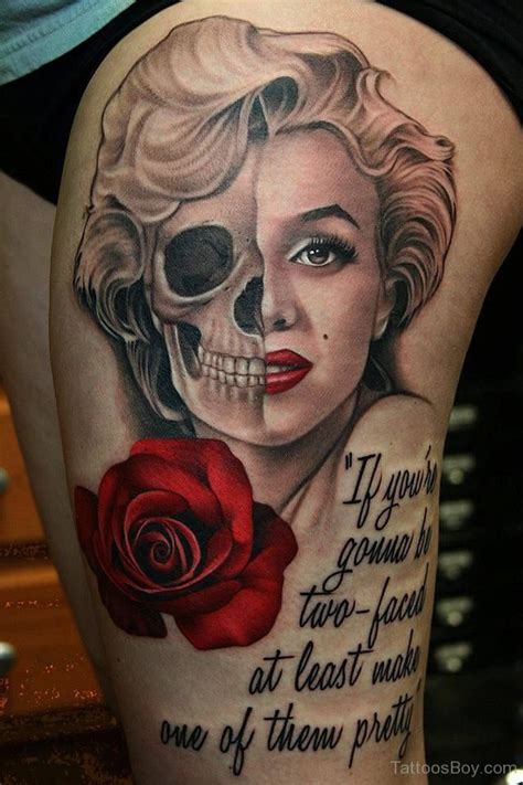 Skull And Flower Tattoo On Thigh Tattoo Designs Tattoo Pictures