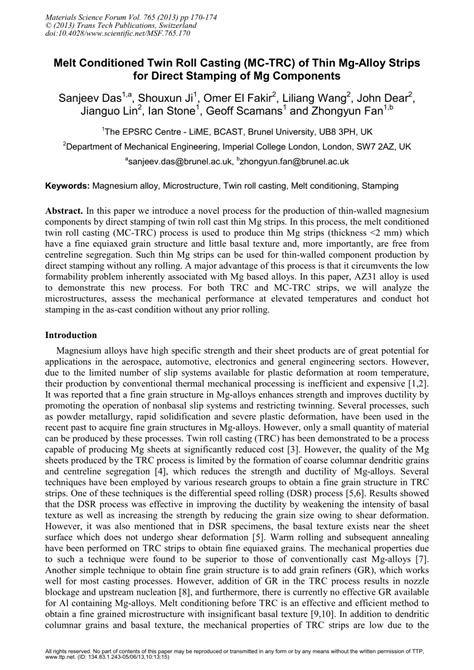 Pdf Melt Conditioned Twin Roll Casting Mc Trc Of Thin Mg Alloy Strips For Direct Stamping Of
