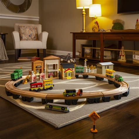 Lifestyle Photo Toy Train Set In Basement Stock Image Image Of
