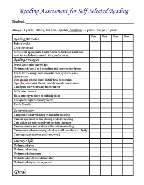 Self Selected Reading Assessment Printable Evaluación De Lectura