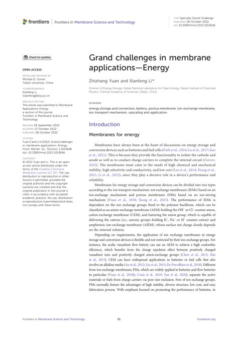 Pdf Grand Challenges In Membrane Applications—energy