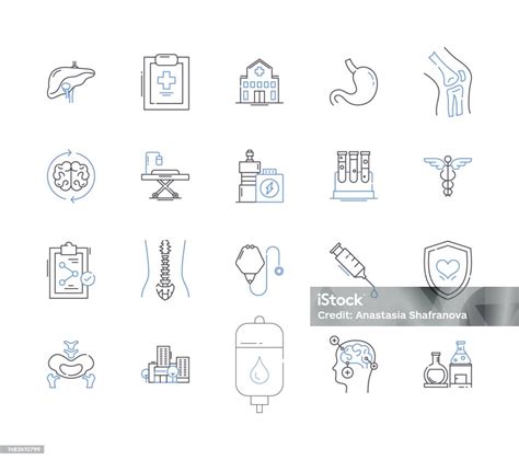 의료 센터 개요 아이콘 모음입니다 클리닉 병원 건강 의료 센터 케어 치료 벡터 및 일러스트레이션 개념 집합입니다 진단 의사 수술 선형 표지판 병원에 대한 스톡 벡터 아트 및