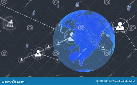 animation of network of connections with icons over globe stock video video of sign