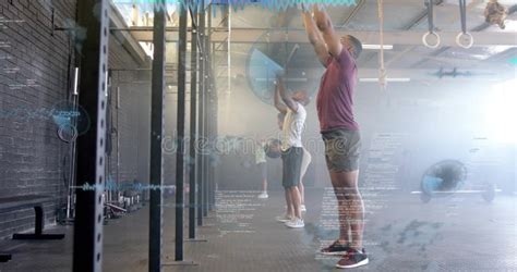 People Exercising In Gym With Digital Data And Graphs Overlay Animation