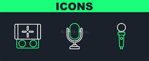 Set Line Joystick For Arcade Machine Portable Video Game Console And Microphone Icon Vector