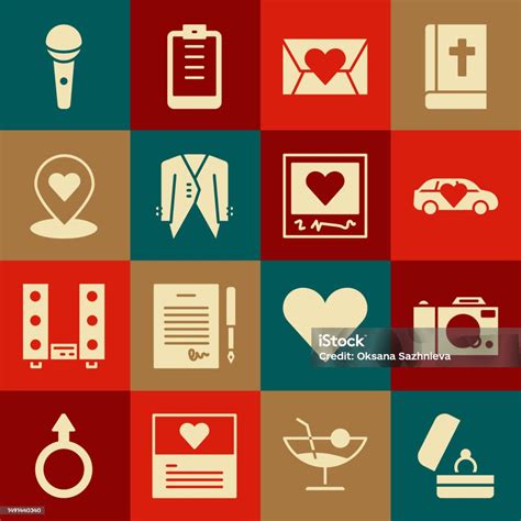결혼 반지 사진 카메라 리무진 자동차 발렌타인 하트 봉투 정장 위치 마이크 및 프레임과 하트 아이콘을 설정합니다 벡터 3월에 대한 스톡 벡터 아트 및 기타 이미지 Istock