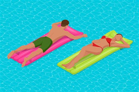 풍선 반지와 매트리스 큰 수영장에서 공기 매트리스에 젊은 남자 Nad 여자 여름 휴가 목가적 인 선탠을 즐기고 있습니다 휴가 개념입니다 위에서 높은 전망 개념에 대한 스톡