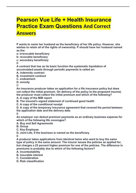 Pearson Vue Life Health Insurance Practice Exam Questions And Correct