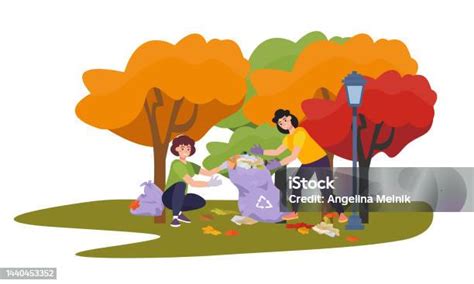 오래된 나뭇잎과 쓰레기 플라스틱 쓰레기에서 영토를 청소하는 두 명의 자원 봉사 여성 지구의 날 환경 보호 생태계 개념 영토 청소 쓰레기 쓰레기 평면 벡터 삽화를 수집합니다