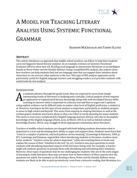Pdf A Model For Teaching Literary Analysis Using Systemic Functional Grammar