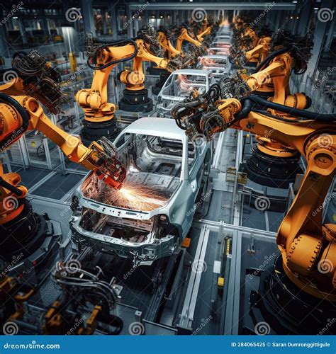 Overhead View Of Robotic Precision On An Automotive Assembly Line Stock