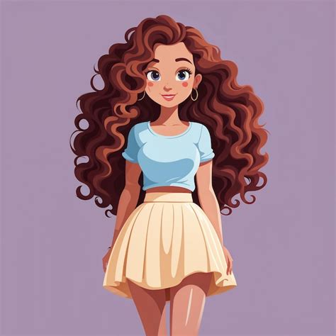 Beautiful Girl With Long Curly Hair Vector Illustration In Cartoon