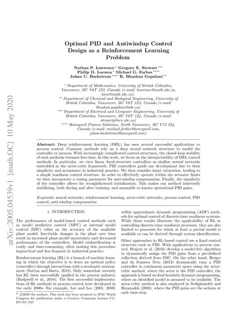 Optimal Pid And Antiwindup Control Design As A Reinforcement Learning Problem Deepai