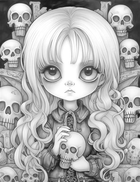 25 Kawaii Gothic Girl Grayscale Coloring Pages Instant Download Pr